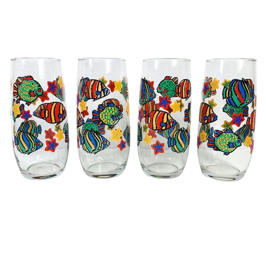 Libbey Summer Tropical Fish Glasses Set of 4 Colorful 16oz Tumbler ...