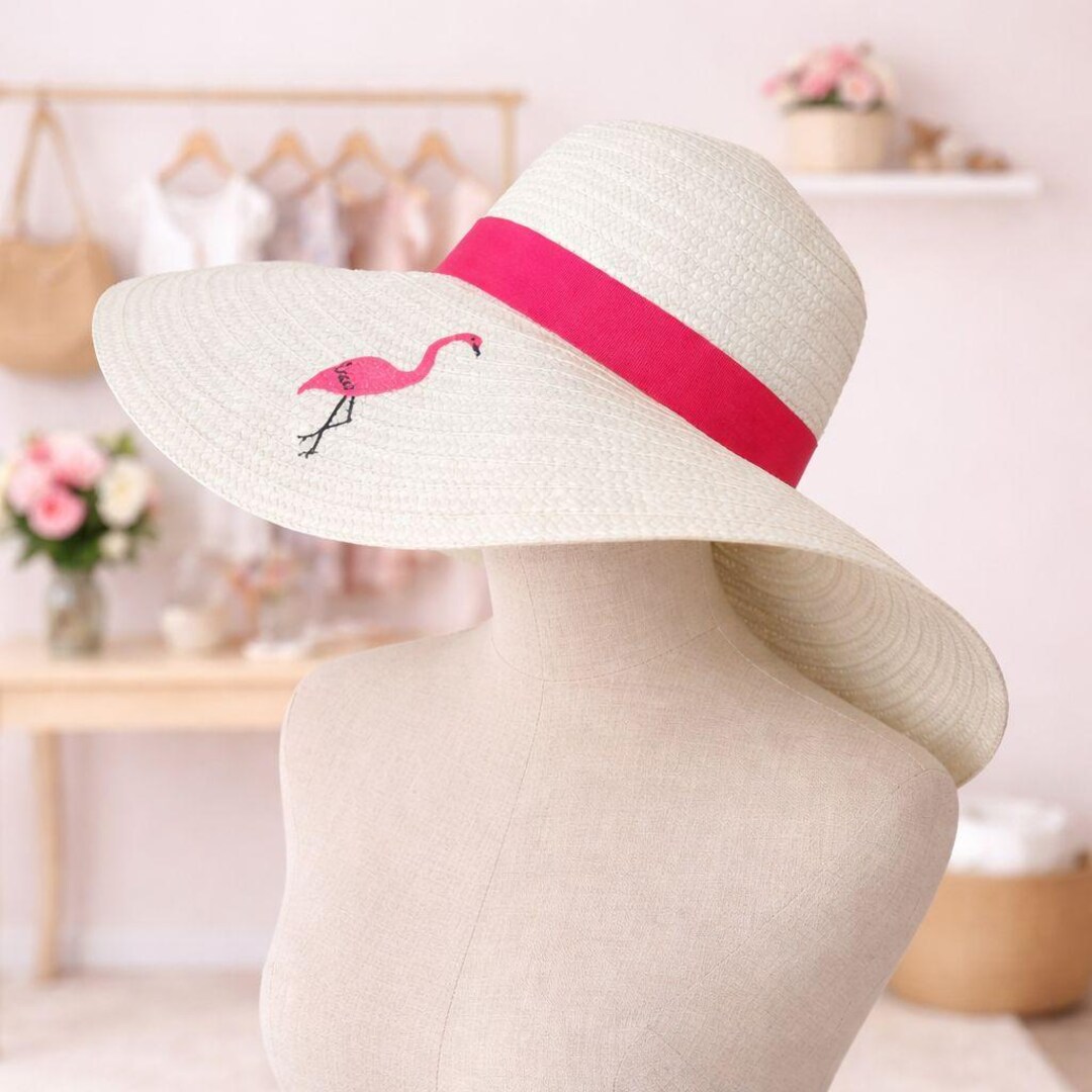 White Straw Sun Hat, Floppy Wide Brim Pink Embroidered Flamingo Beach ...