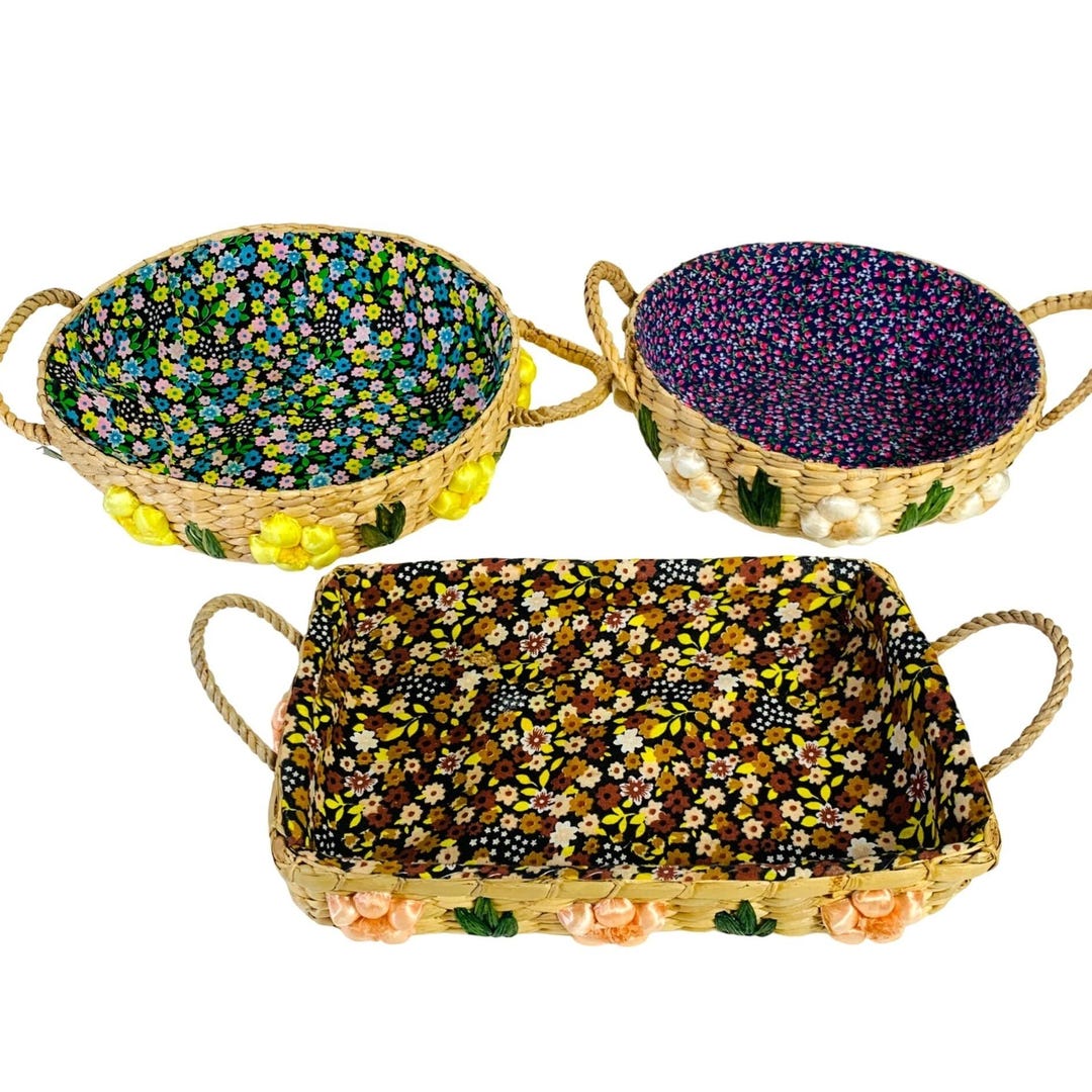 Retro 70s Mod Floral Lined Straw Baskets Set of 3 With Handles Kitchen ...