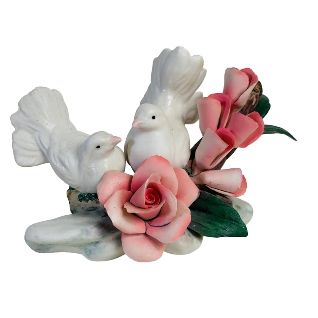 Capodimonte Lovebird Figurine Doves Pink Roses Bird Italian Home Accent ...