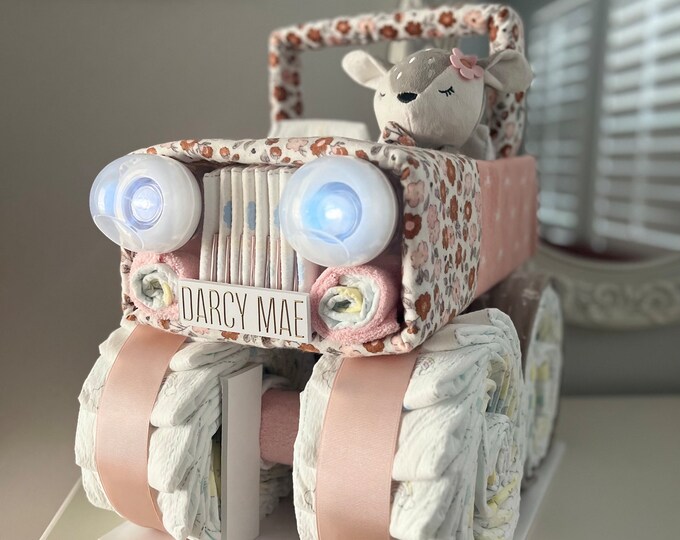 Boho Fawn Diaper Jeep Cake W/ LED Headlights, Baby Girl Diaper Jeep ...
