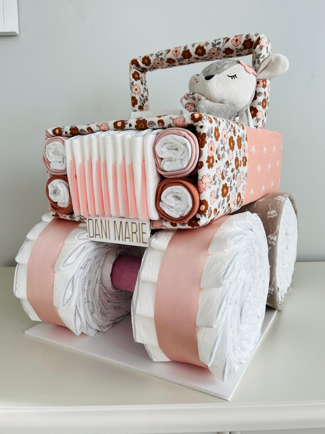 Boho Fawn Diaper Jeep Cake, Boho Diaper Cake Jeep, Girl Baby Shower ...