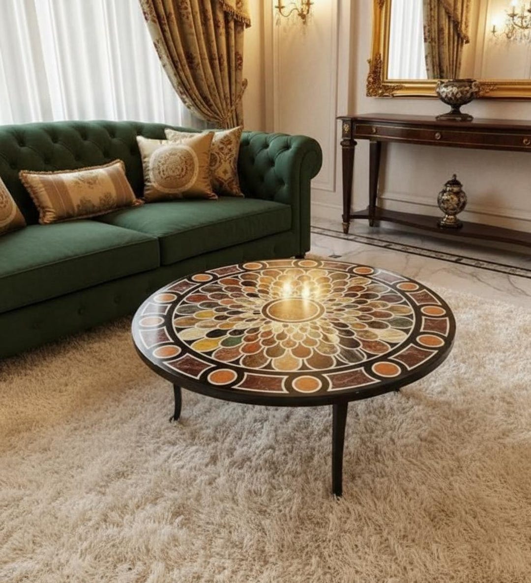 Luxury Round Marble Inlay Coffee Table Handcrafted Pietra Dura Gemstone ...