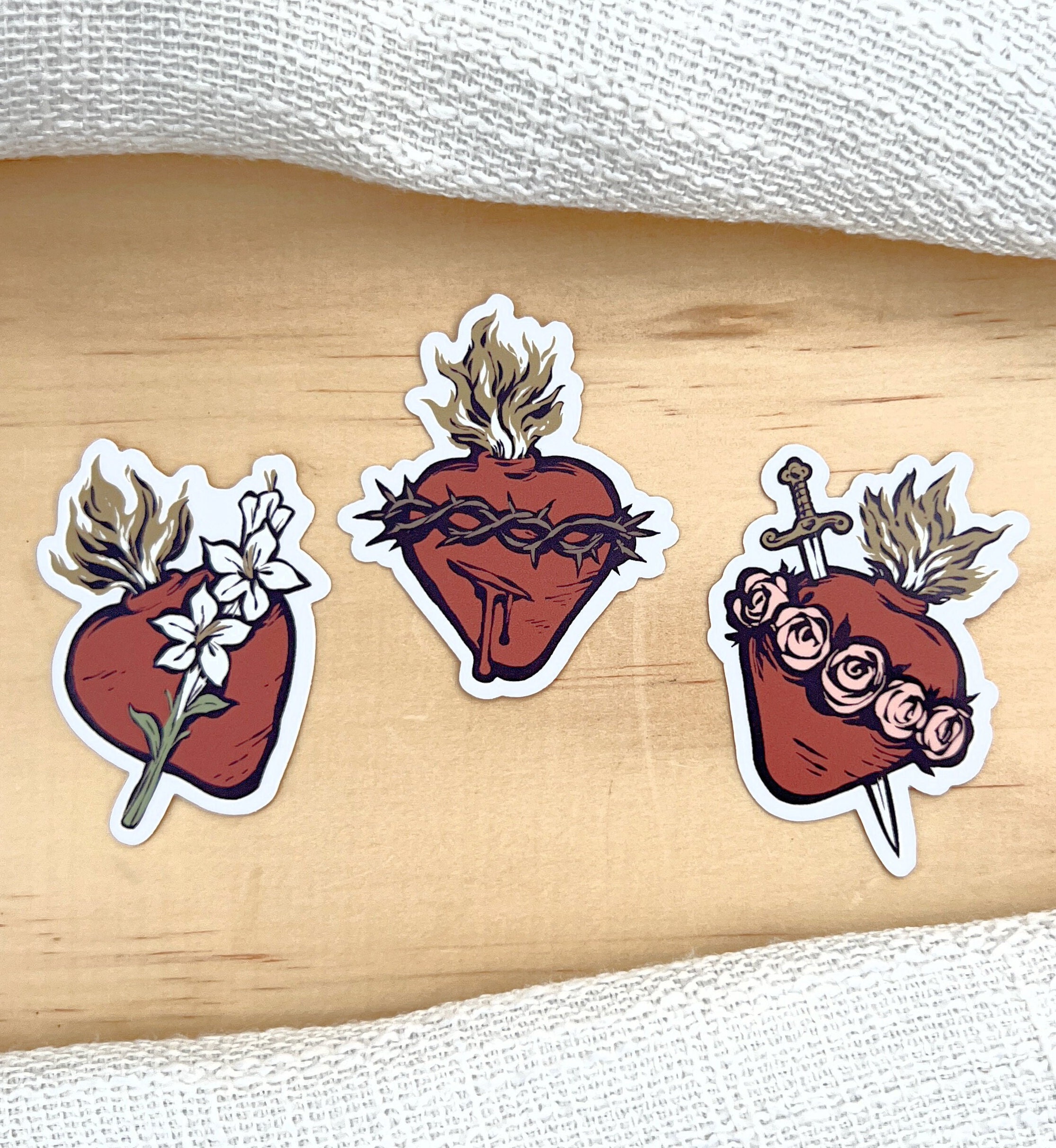 SINGLE or SET 2 INCH Stickers, Three Hearts by Baritus Catholic, Sacred ...