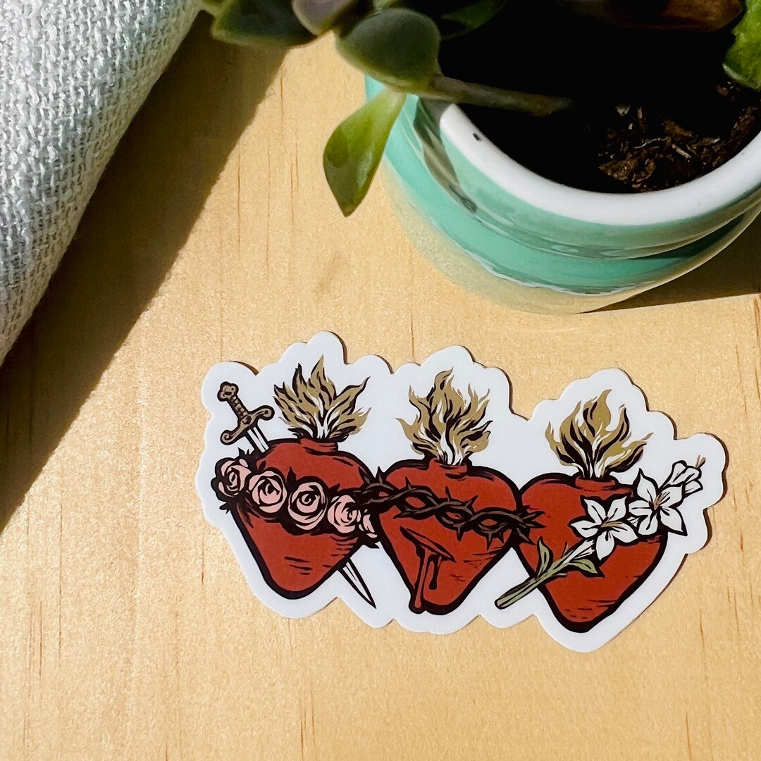 3INCH Three Heart Sticker, Sacred Heart, Immaculate Heart, Most Chaste ...