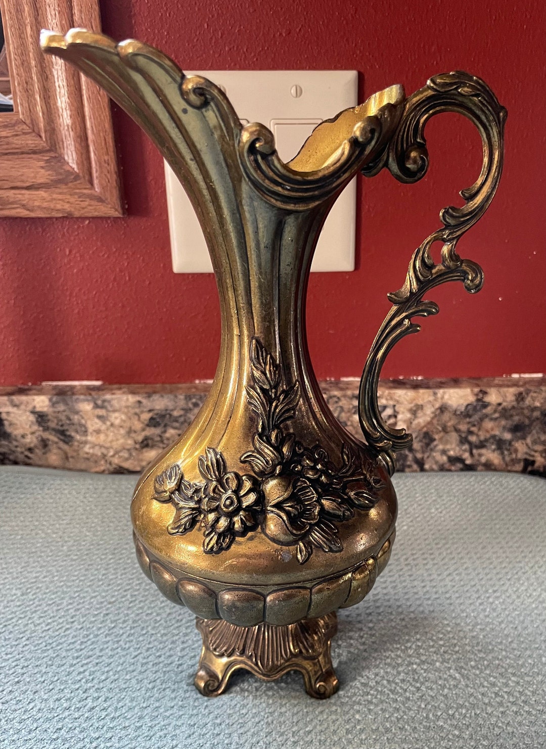 Vintage Embossed Metal Pitcher With Floral Design - Etsy