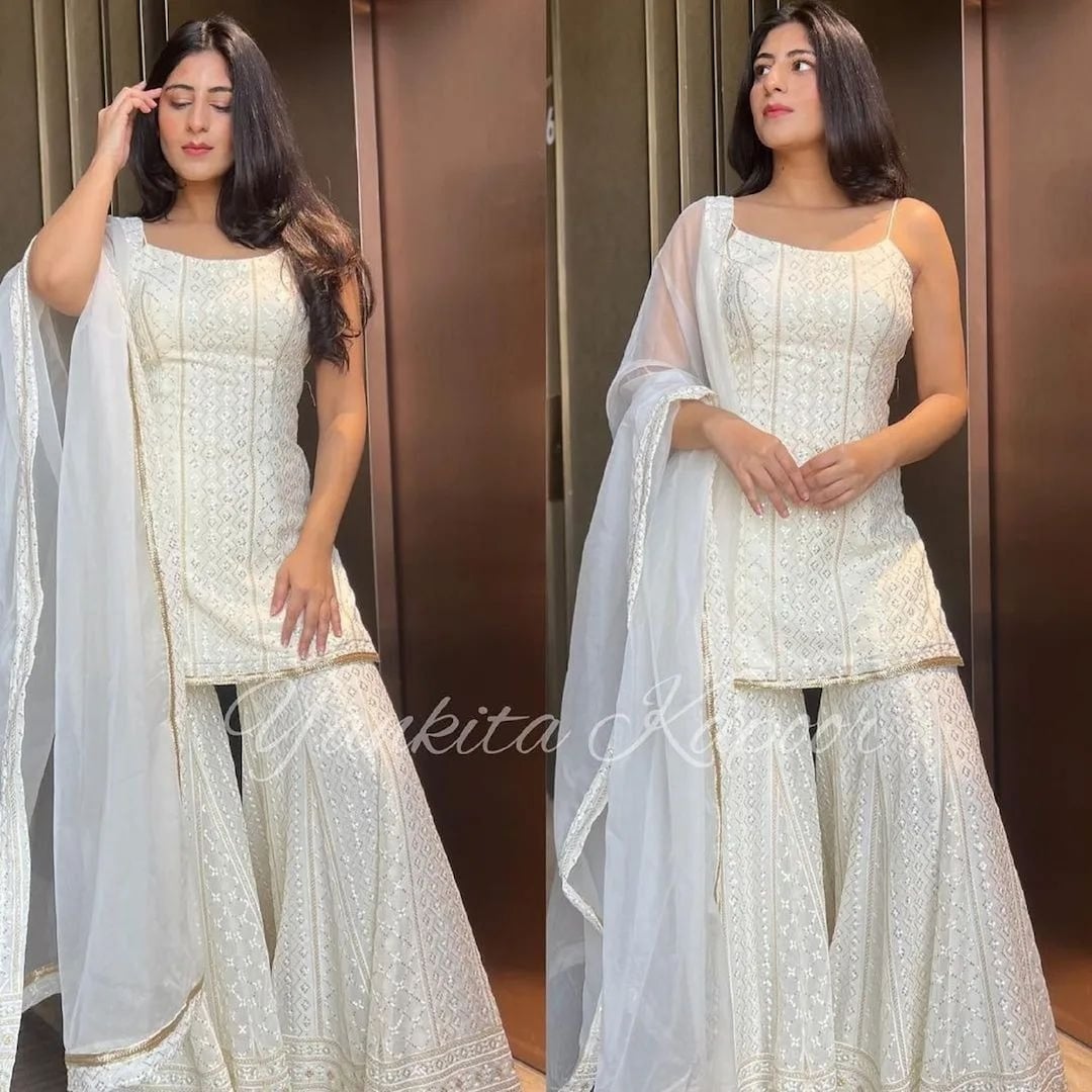 White Sharara Suit for Women, Indian Pakistani Wedding Sangeet Estival ...