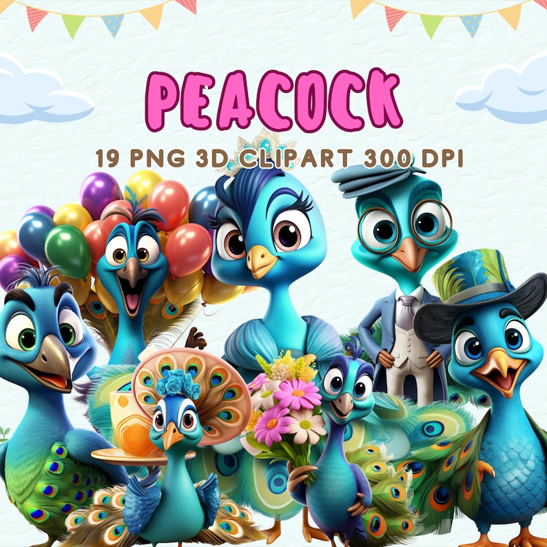Peacock 3D Clipart – Cute Animal PNG Images (digital Download) - Etsy