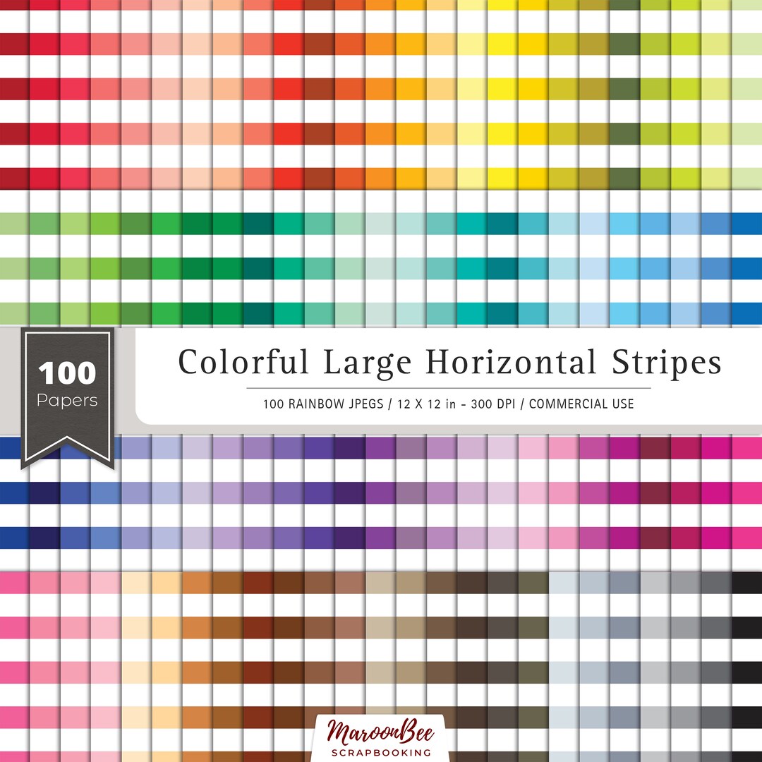 Colorful Large Horizontal Stripes Digital Paper Pack, 100 Paper Bundle ...