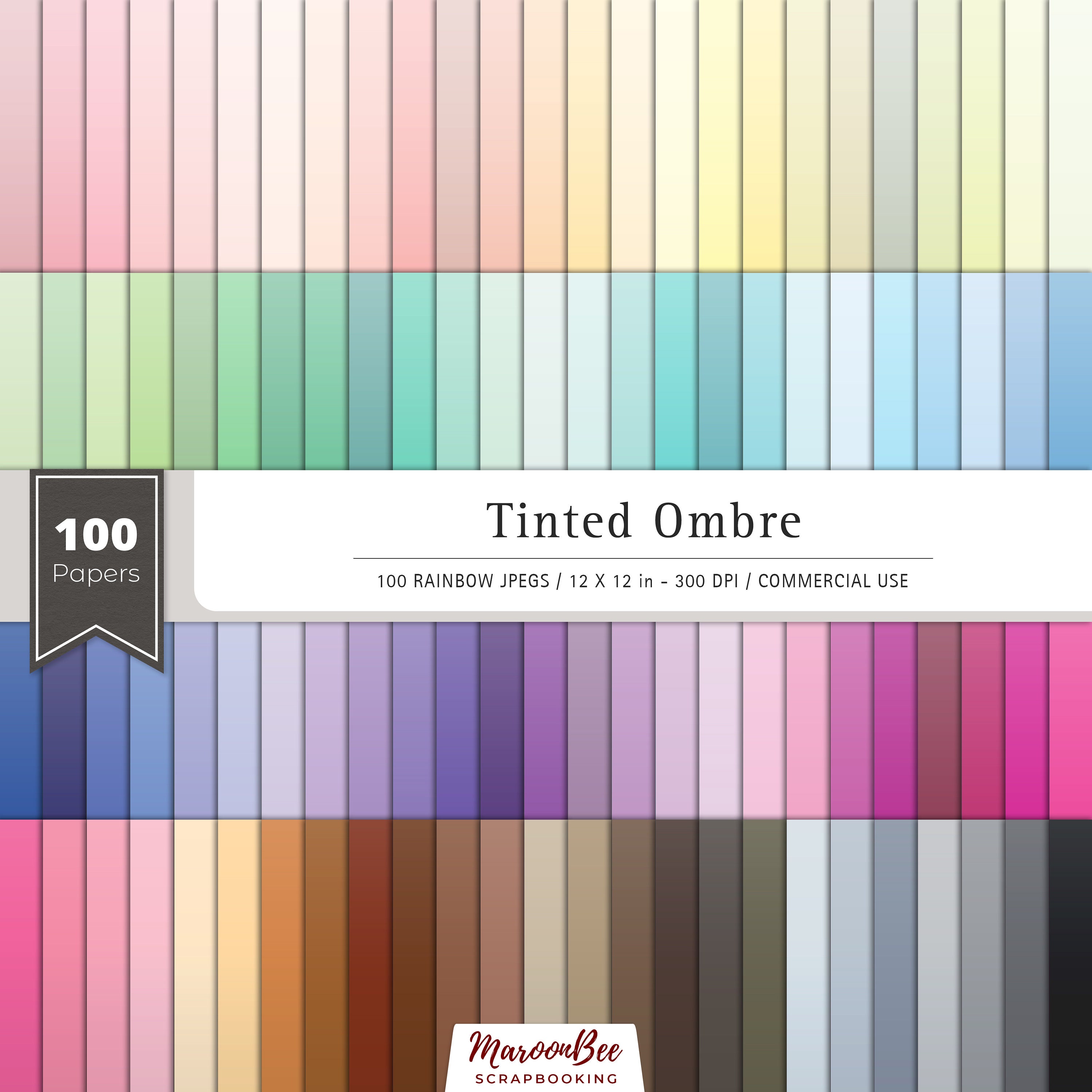 Tinted Ombre Digital Paper Pack, Ombre Scrapbooking Paper, 100 Color ...