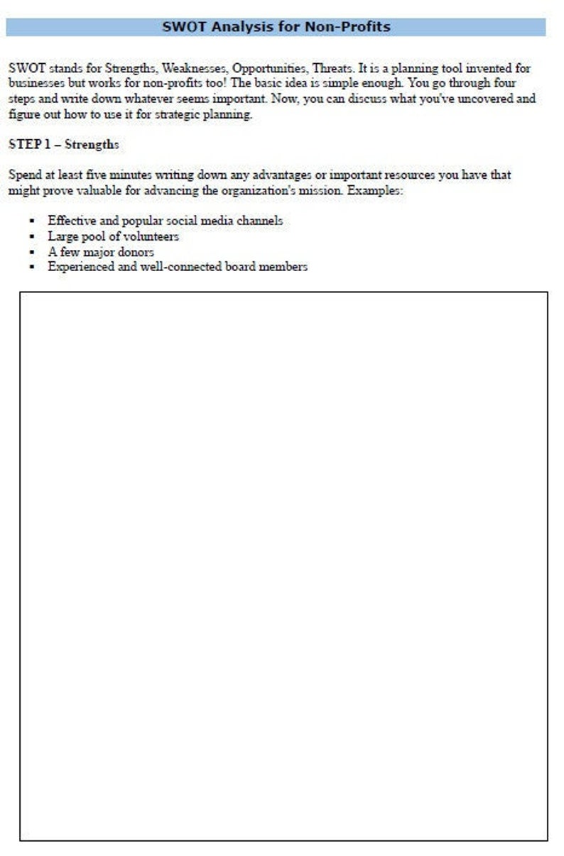 SWOT Analysis Worksheets for Your Nonprofit's Strategic Plan - Etsy ...