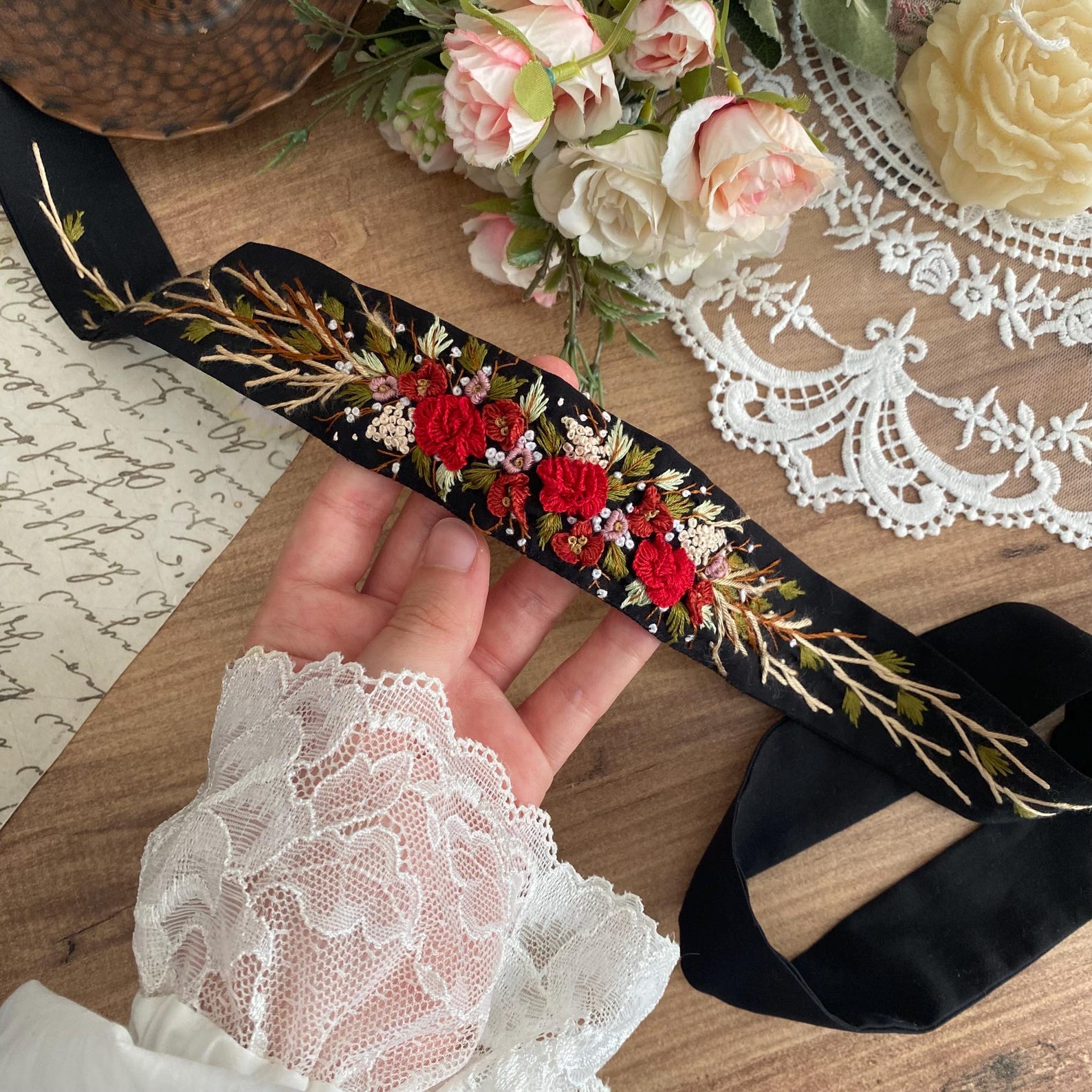 Red Roses Embroidery Handmade Belt -floral Hand Embroidered Foulard ...