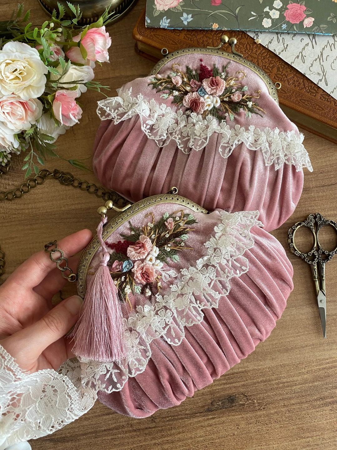 Handmade Floral Embroidered Small Bag Embroidered Small Pink Velvet Bag ...