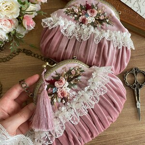 Handmade Floral Embroidered Small Bag Embroidered Small Pink Velvet Bag ...