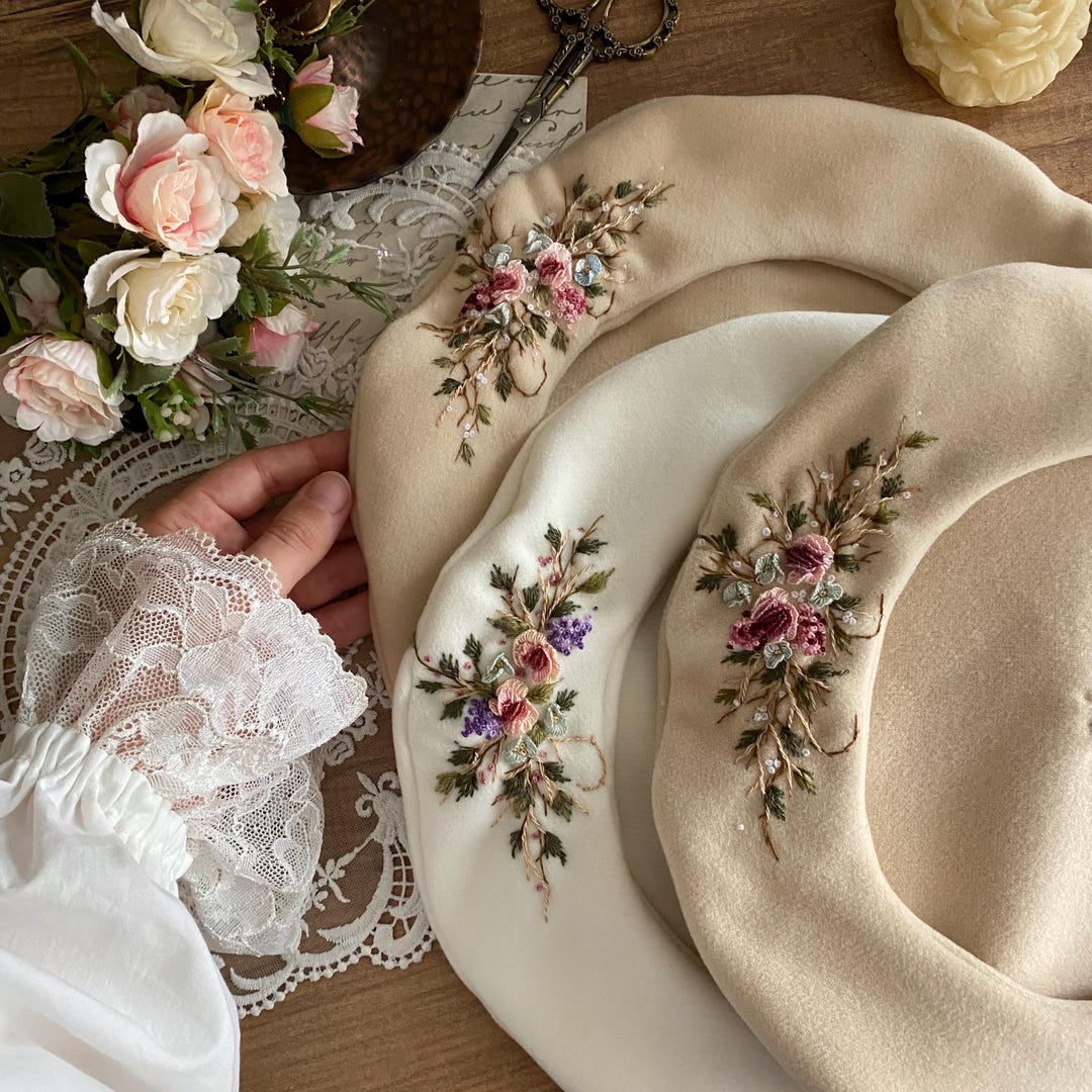 Embroidered French Beret - Floral French Beret - Vintage French Beret ...