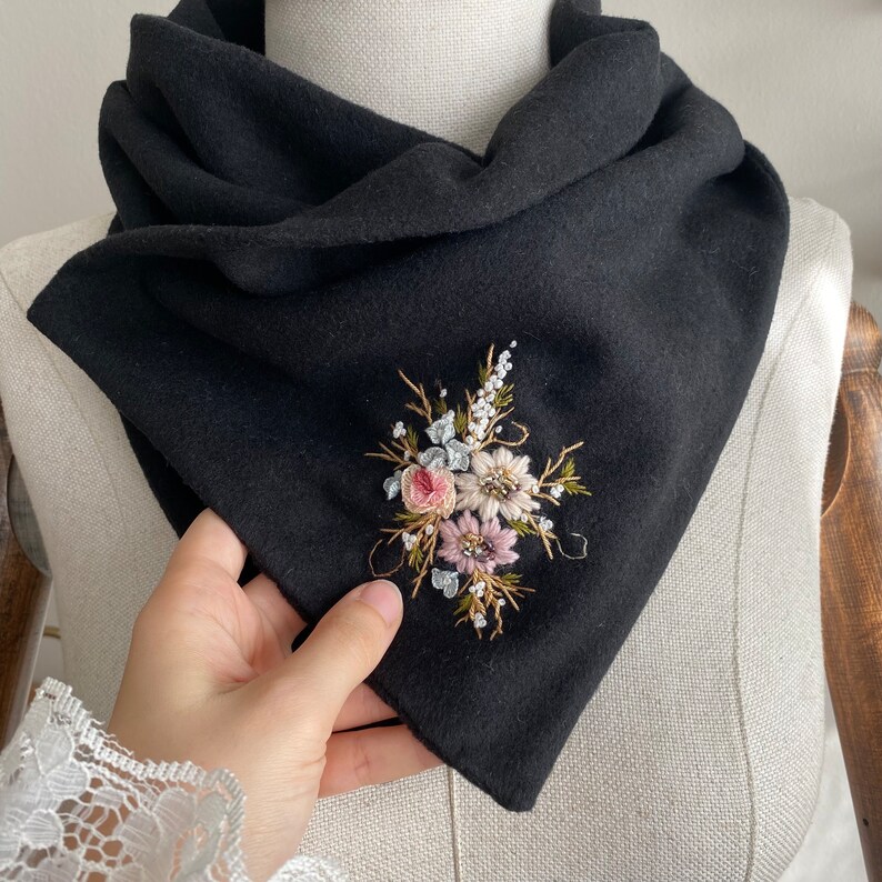Handmade Scarf Embroidered Scarf Floral Scarf Vintage Scarf Black Scarf ...