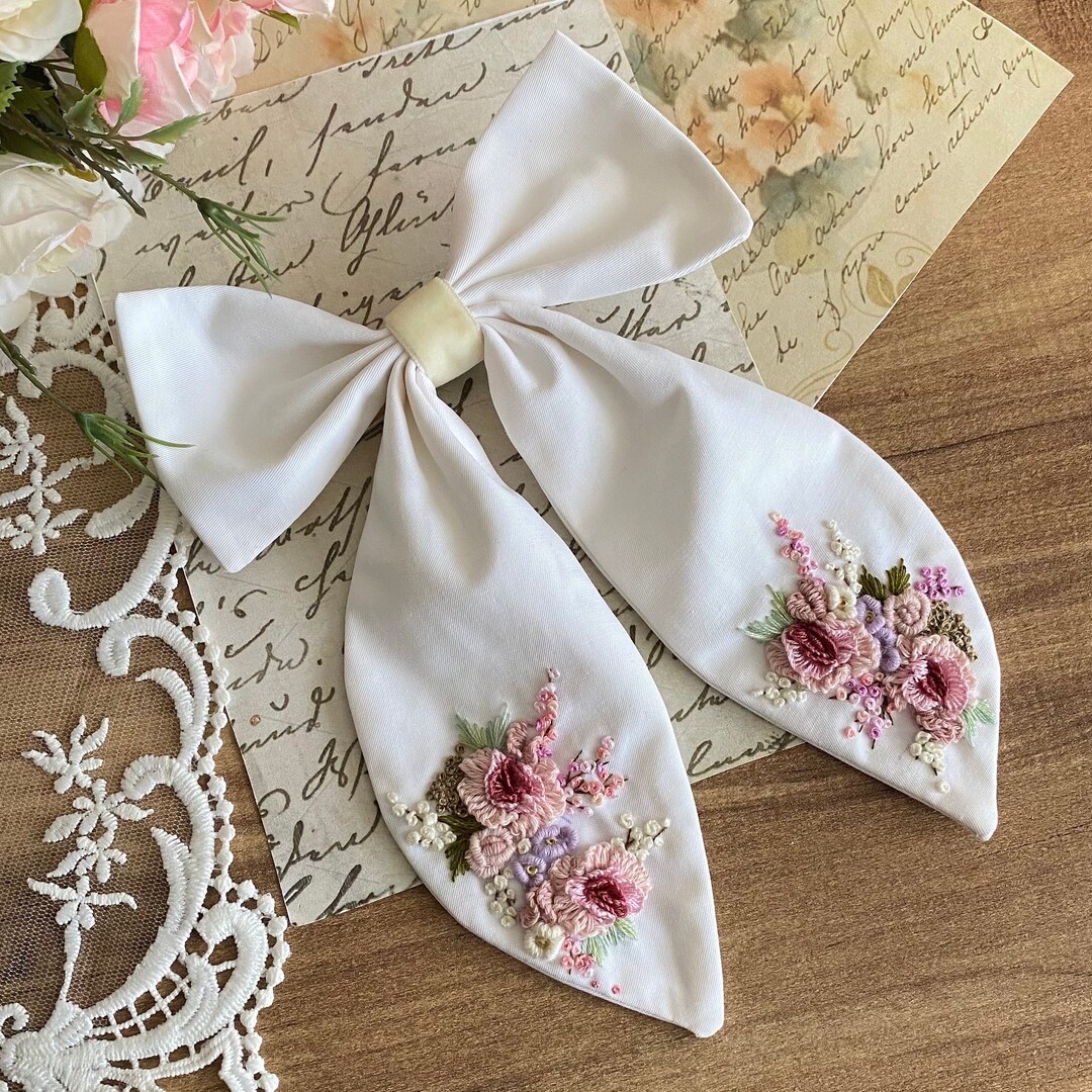 Hair Bow -embroidered Bow -hand Embroidered Bow - Floral Hair Bow ...