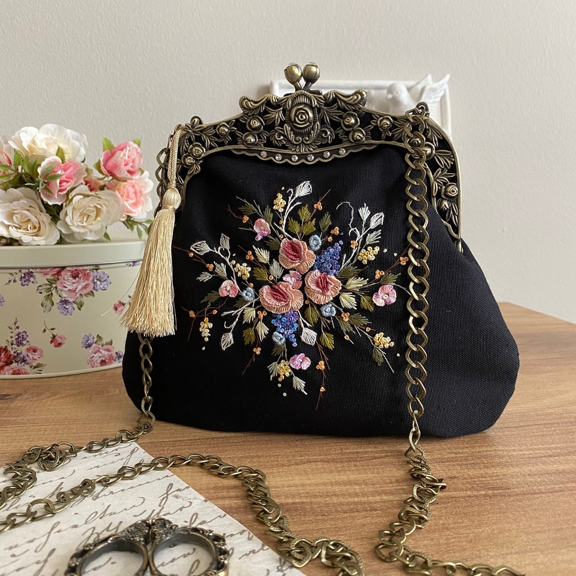 Handmade Floral Embroidered Bag Embroidered Crossbody Bag Vintage Black ...