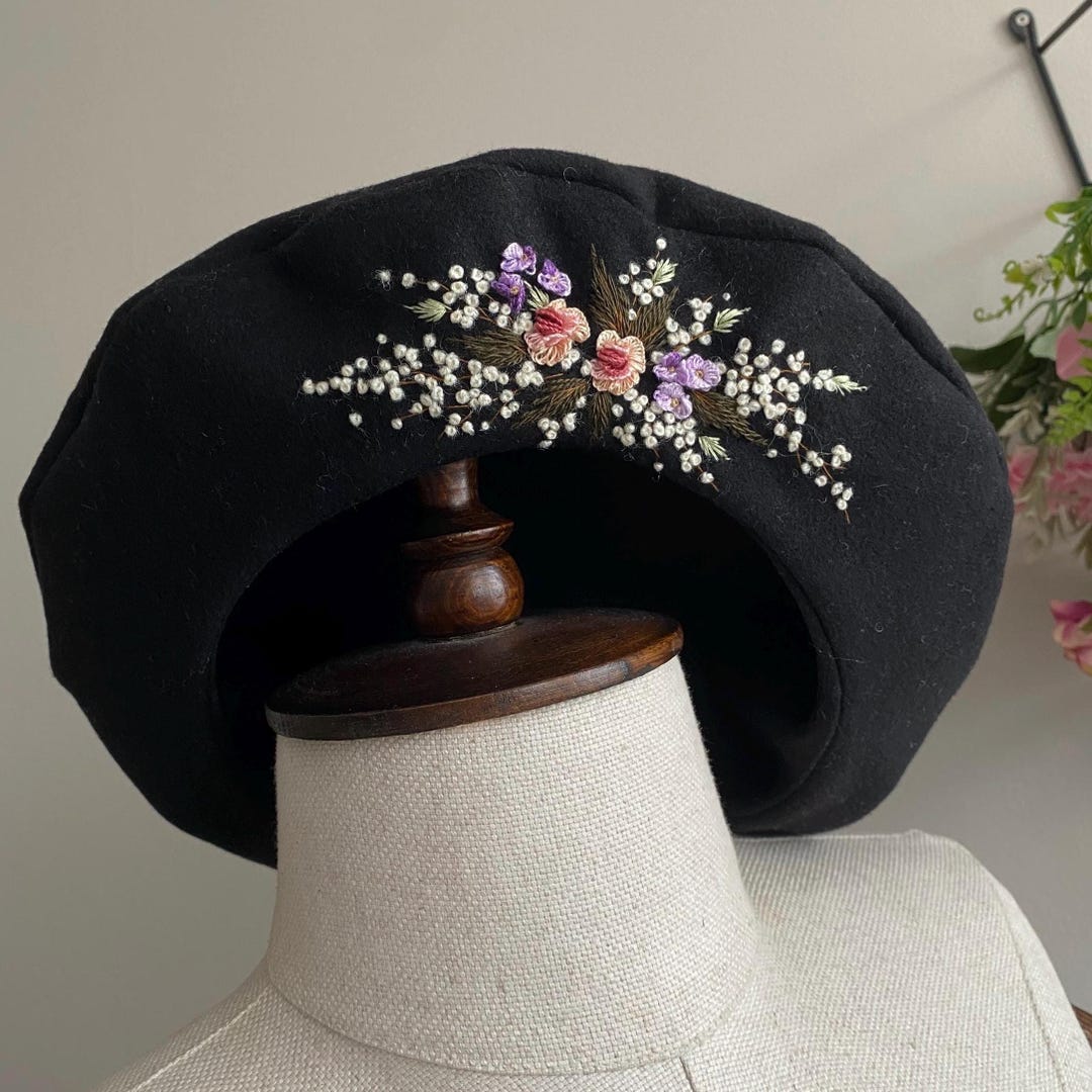 Black Embroidered French Beret - Floral French Beret - Vintage French ...