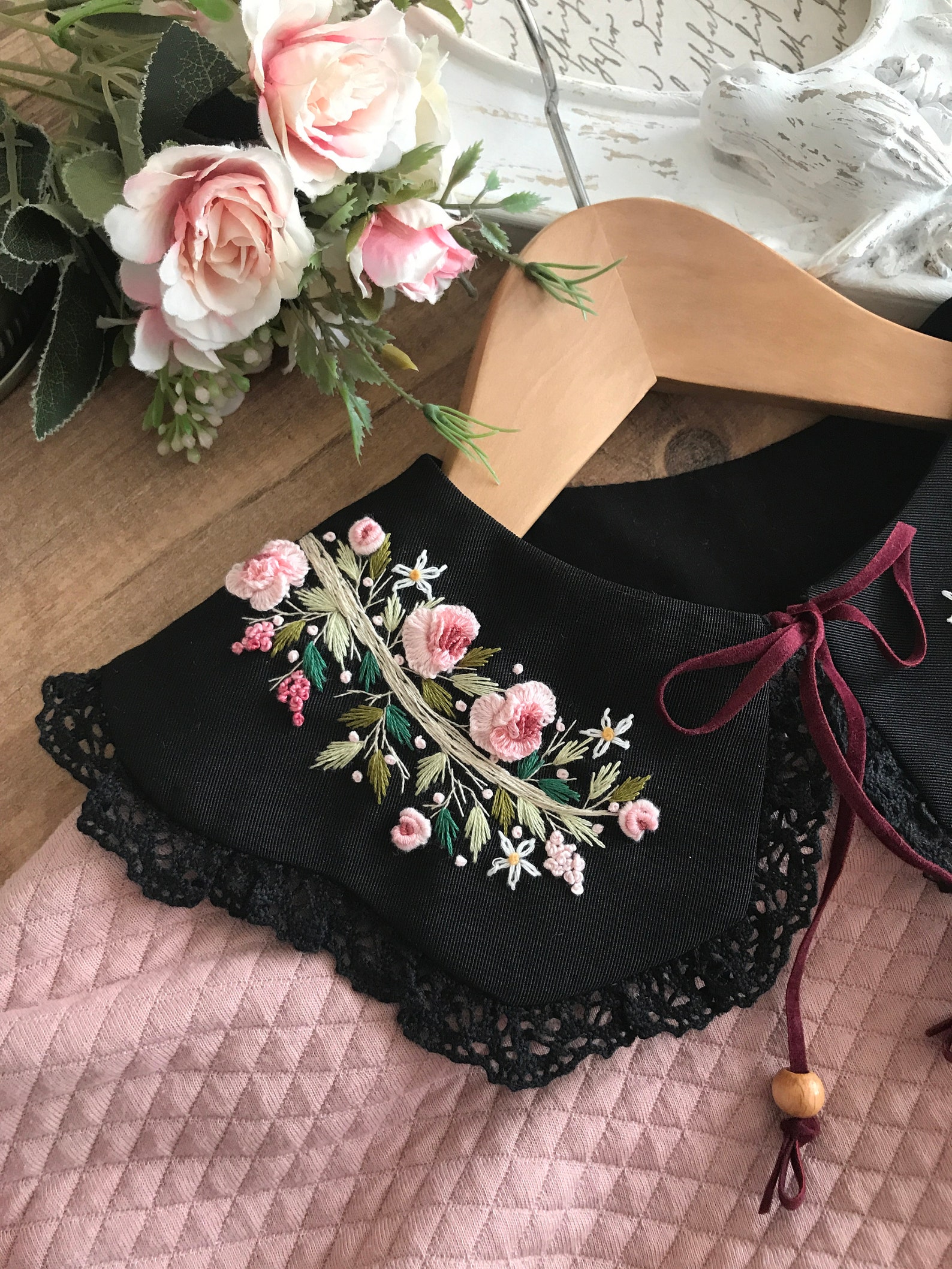 Handmade Embroidered Peter Pan Collars With Bird - Bird Collars - Black ...