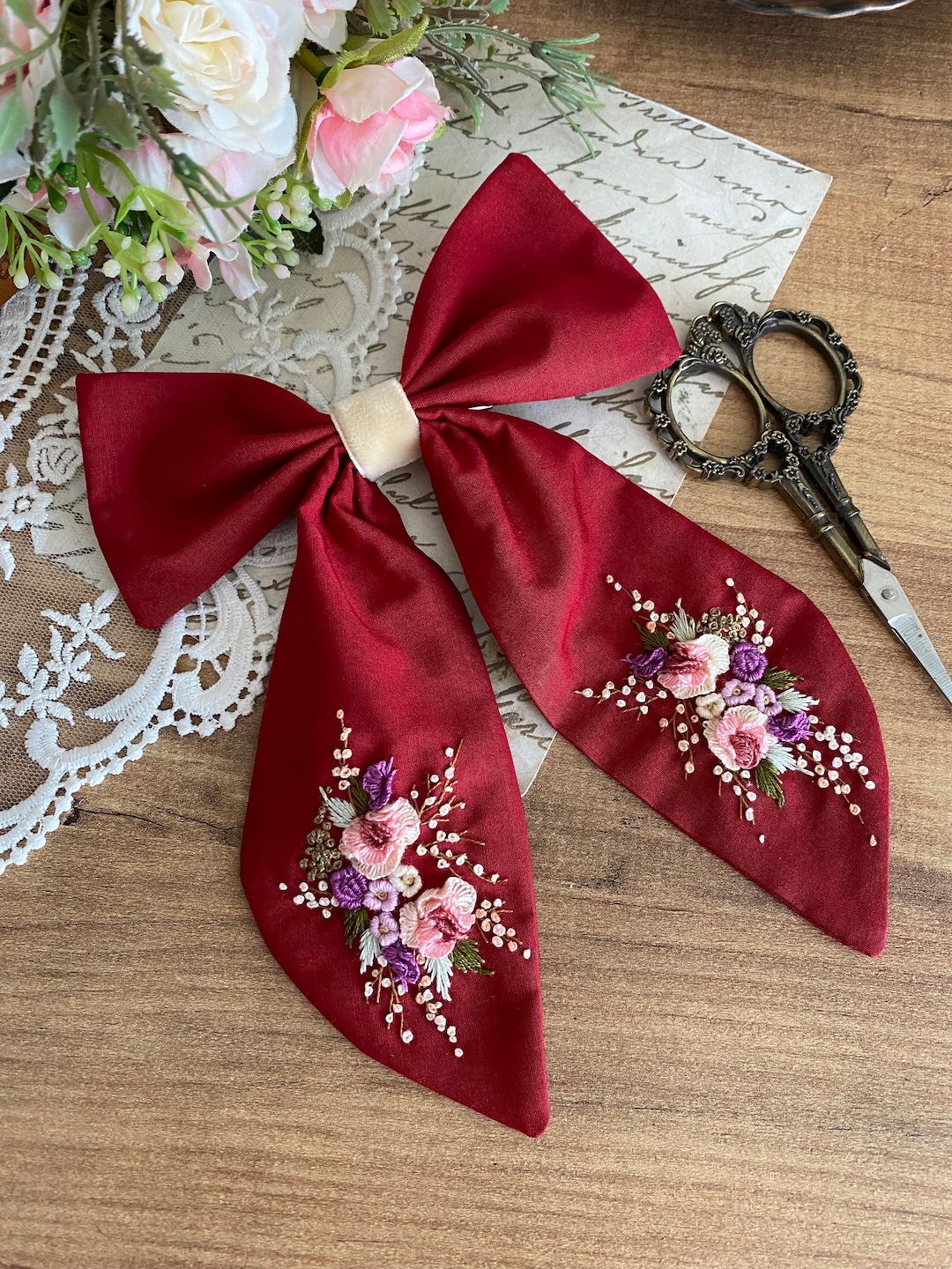 Red Hair Bow -embroidered Bow -hand Embroidered Bow - Floral Hair Bow ...