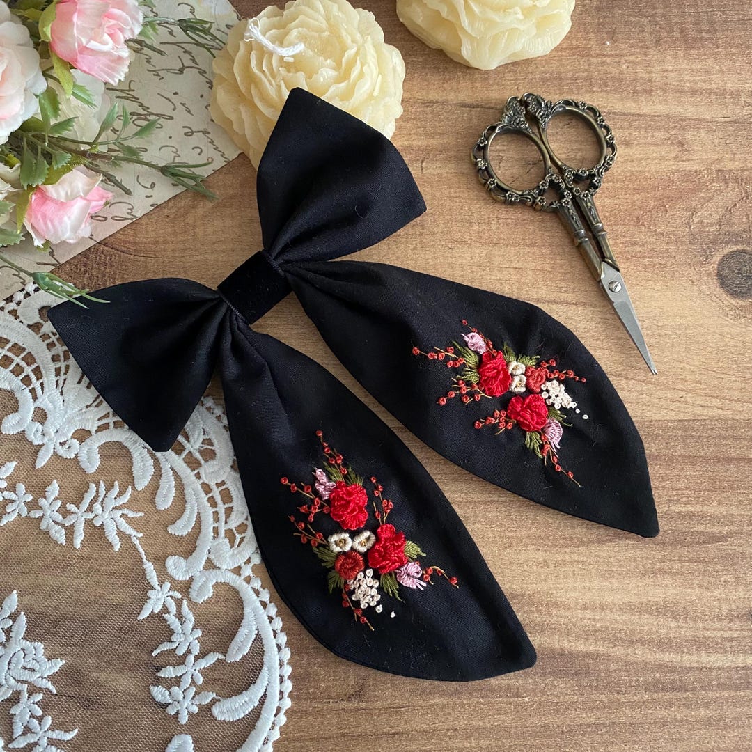 Hair Bow -red Rose Embroidered Bow -hand Embroidered Bow - Black Roses ...