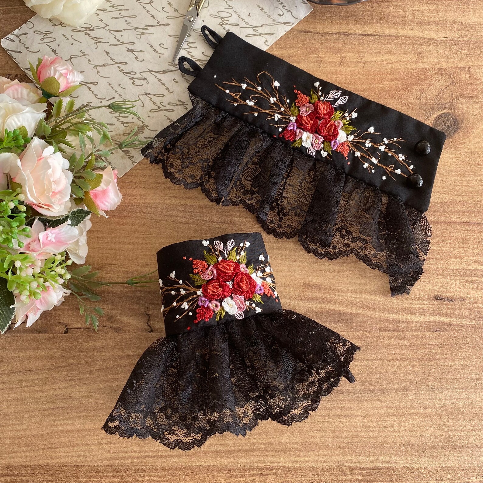 One Pair Handmade Embroidered Lace Cuff , Floral Bracelet Cuff ,lace ...