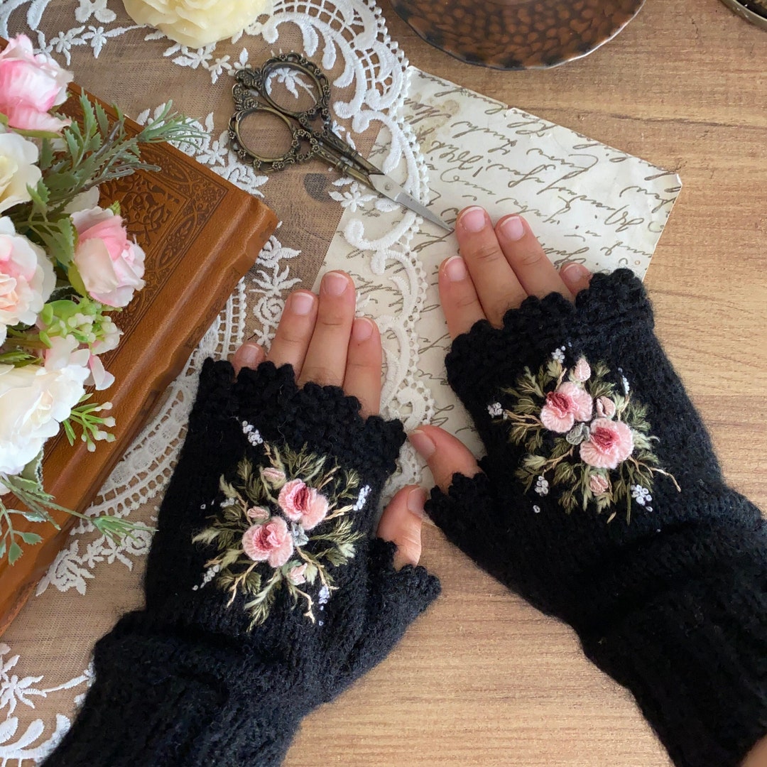 Knitted Fingerless Gloves, Embroidered Knit Woman Gloves, Winter Floral ...