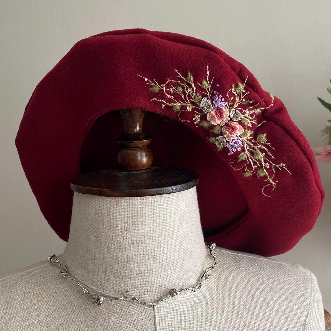 Embroidered French Beret - Maroon Floral French Beret - Red Vintage ...