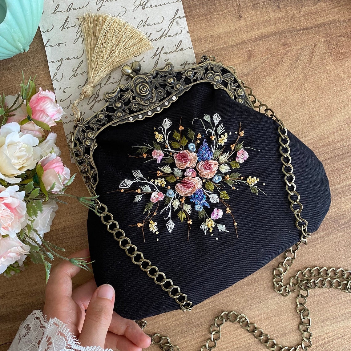Handmade Floral Embroidered Bag Embroidered Crossbody Bag Vintage Black ...