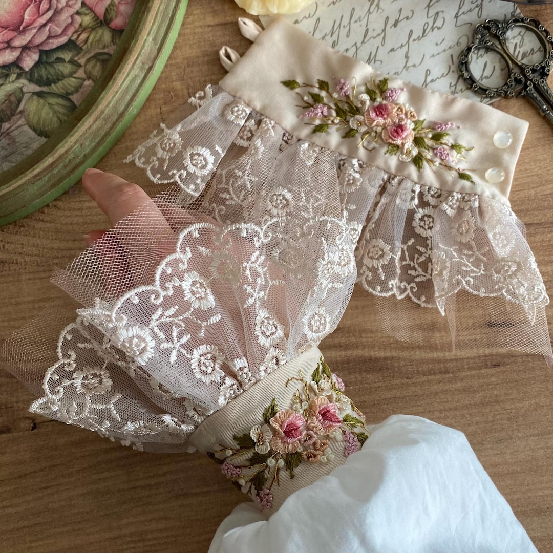 One Pair Handmade Embroidered Lace Cuff , Floral Bracelet Cuff ,lace ...