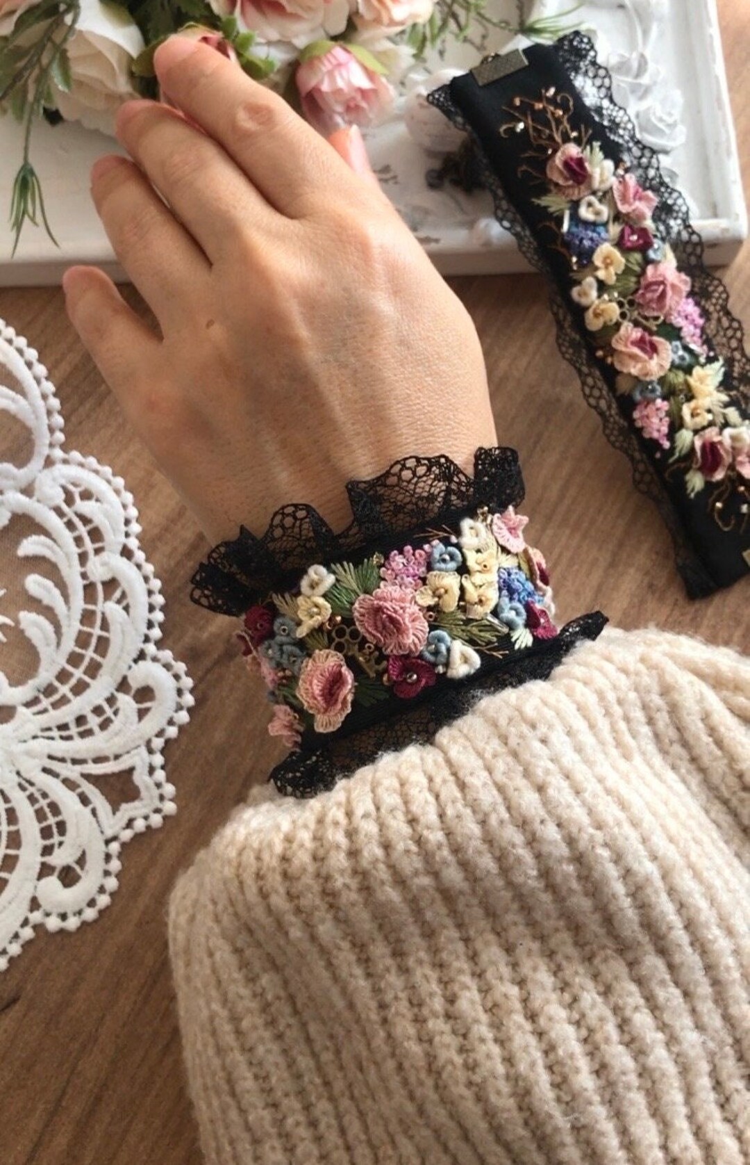 Handmade Embroidered Bracelet, Fabric Cuff Bracelet, Adjustable ...
