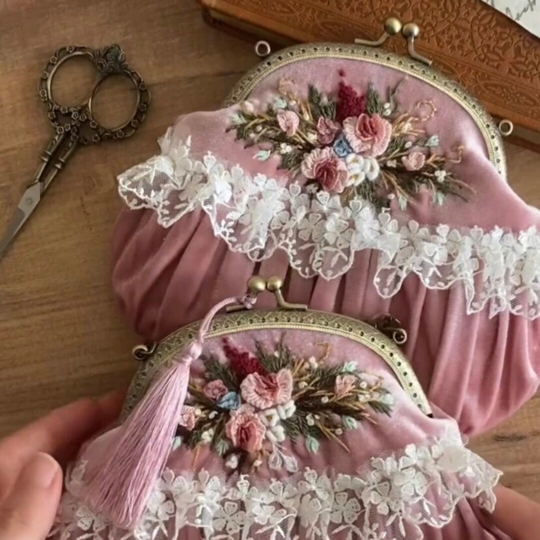 Handmade Floral Embroidered Pink Velvet Bag - Embroidered Vintage ...