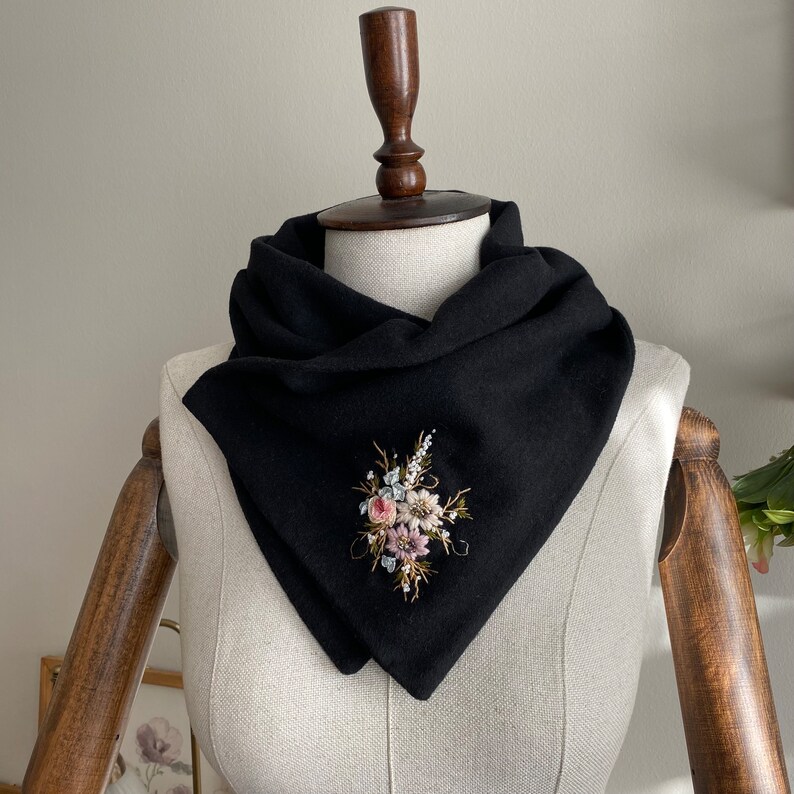 Handmade Scarf Embroidered Scarf Floral Scarf Vintage Scarf Black Scarf ...