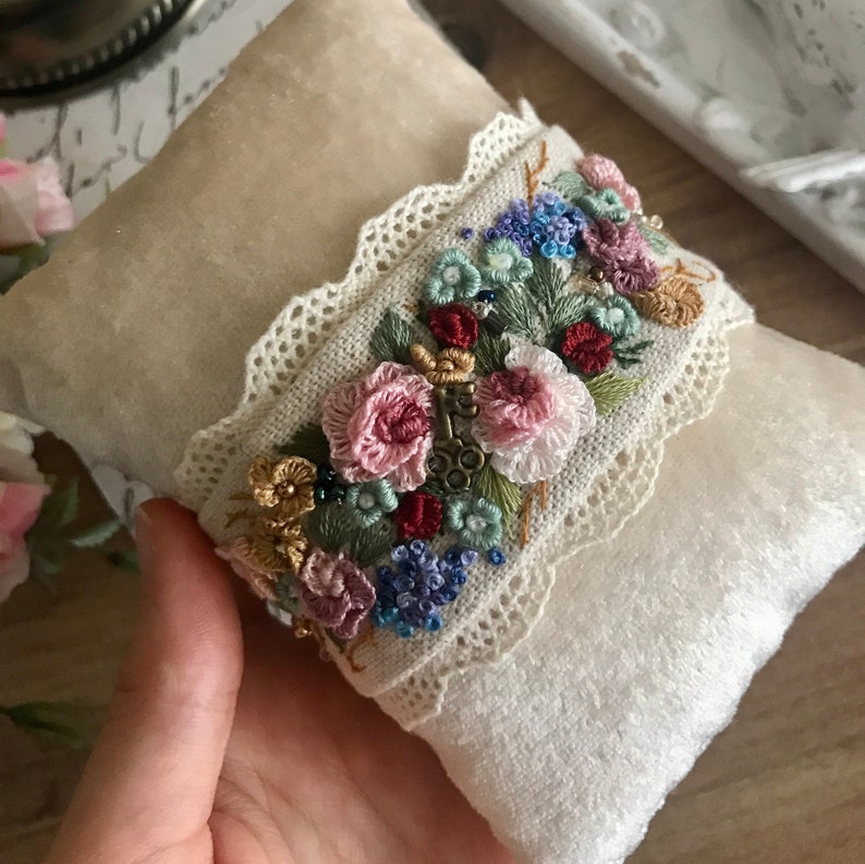 Handmade Embroidered Bracelet, Fabric Cuff Bracelet, Adjustable ...