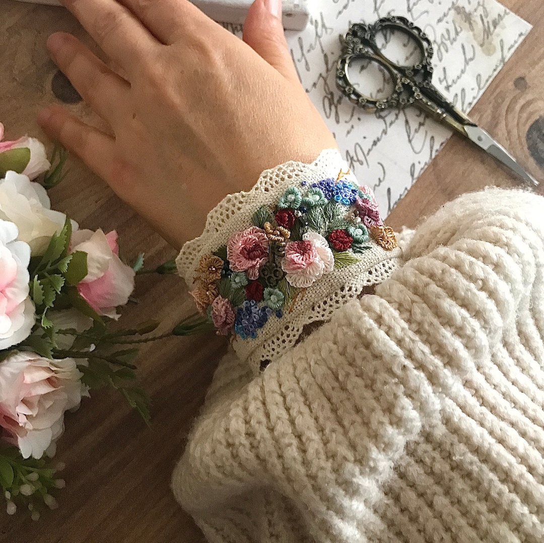 Handmade Embroidered Bracelet, Fabric Cuff Bracelet, Adjustable ...