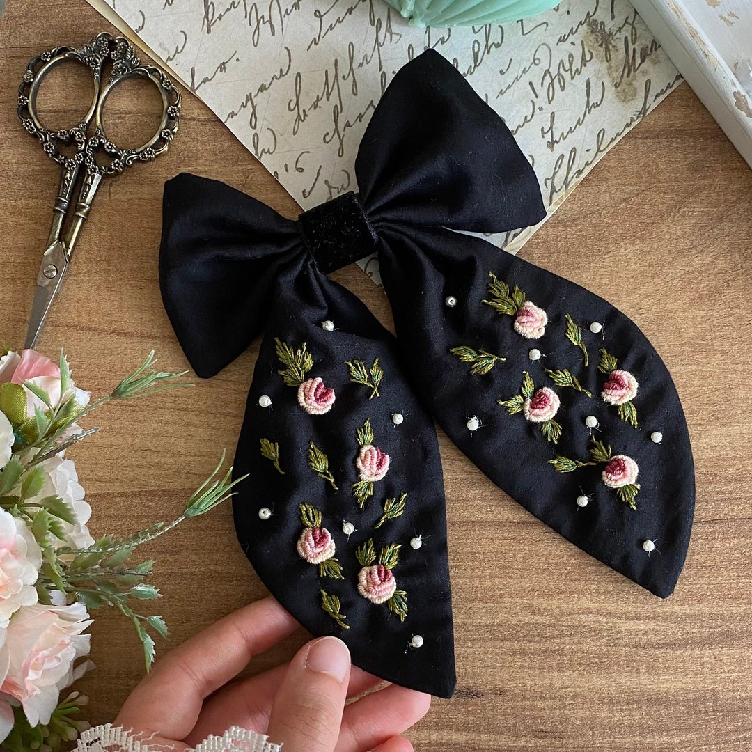 Embroidered Hair Bow, Linen Hair Bow ,hand Embroidered Barrette,hair ...