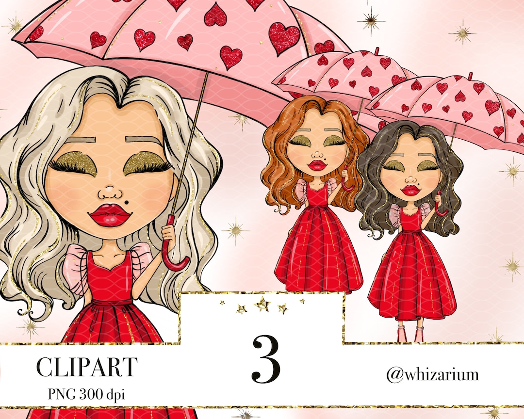 Girl in Red Dress Clipart, Valentines Day Clipart, Various Hair Color ...