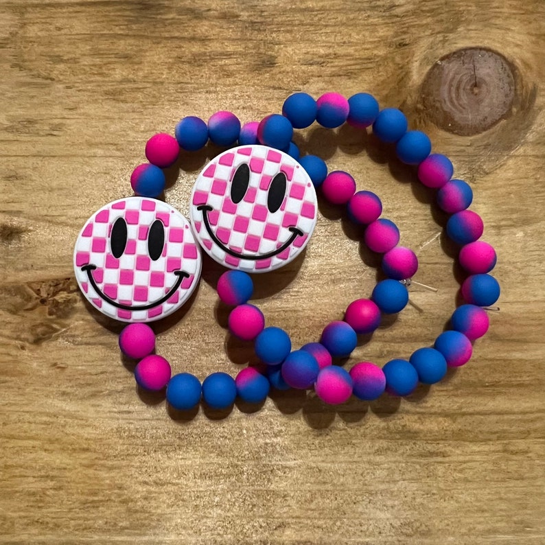 Pink and Blue Retro Vibes Bracelet - Happy Face Bracelet - Smiley ...