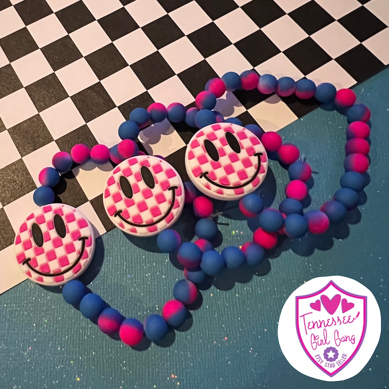 Pink and Blue Retro Vibes Bracelet - Happy Face Bracelet - Smiley ...