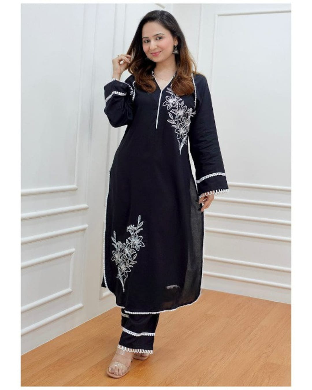 Beautiful Black Embroidery Work Kurti With Palazzo Set for - Etsy