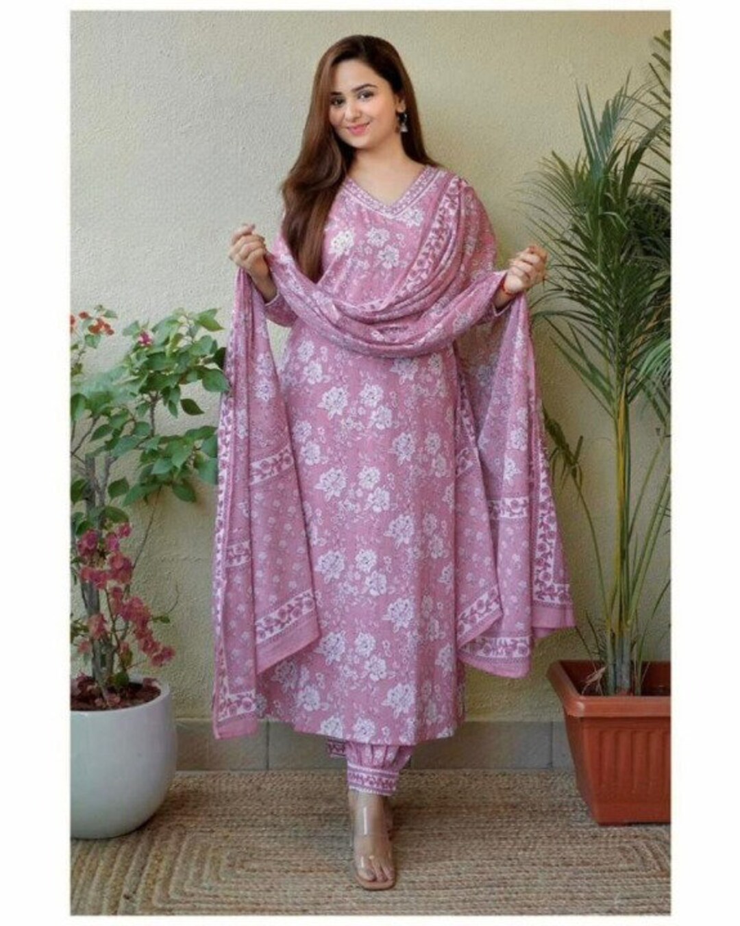 Pure Cotton Floral Printed Kurti With Hand Work and Pant Dupatta Set ...