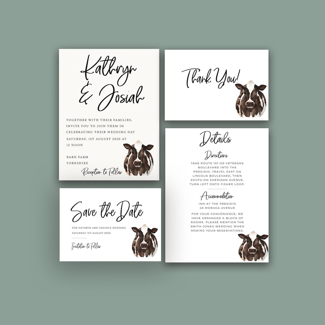 Printed Cow Wedding Invitation Suite/farm Wedding Invitation/farm Theme ...