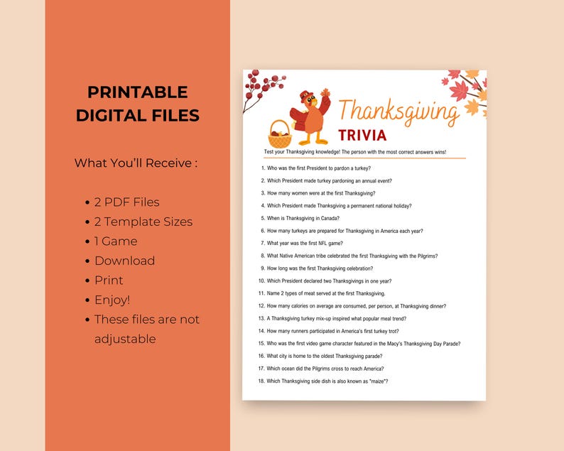 Thanksgiving Trivia Game: Fun Holiday Quiz (PDF Download) - Etsy