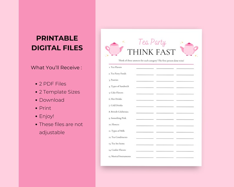 Tea Party Think Fast Game: Printable Trivia (digital Download) - Etsy