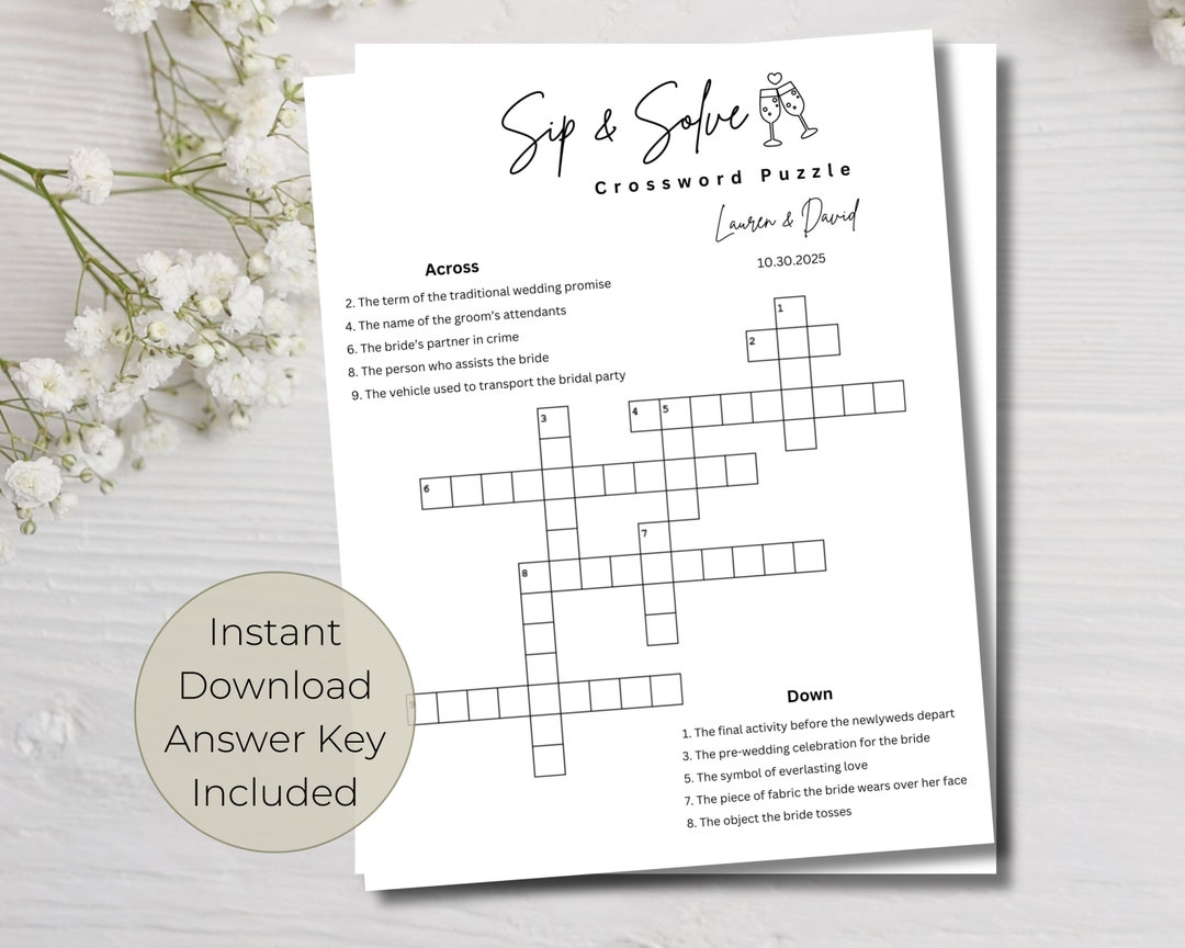 Sip and Solve Crossword Puzzle | Sip and Solve Wedding | Bridal Shower ...