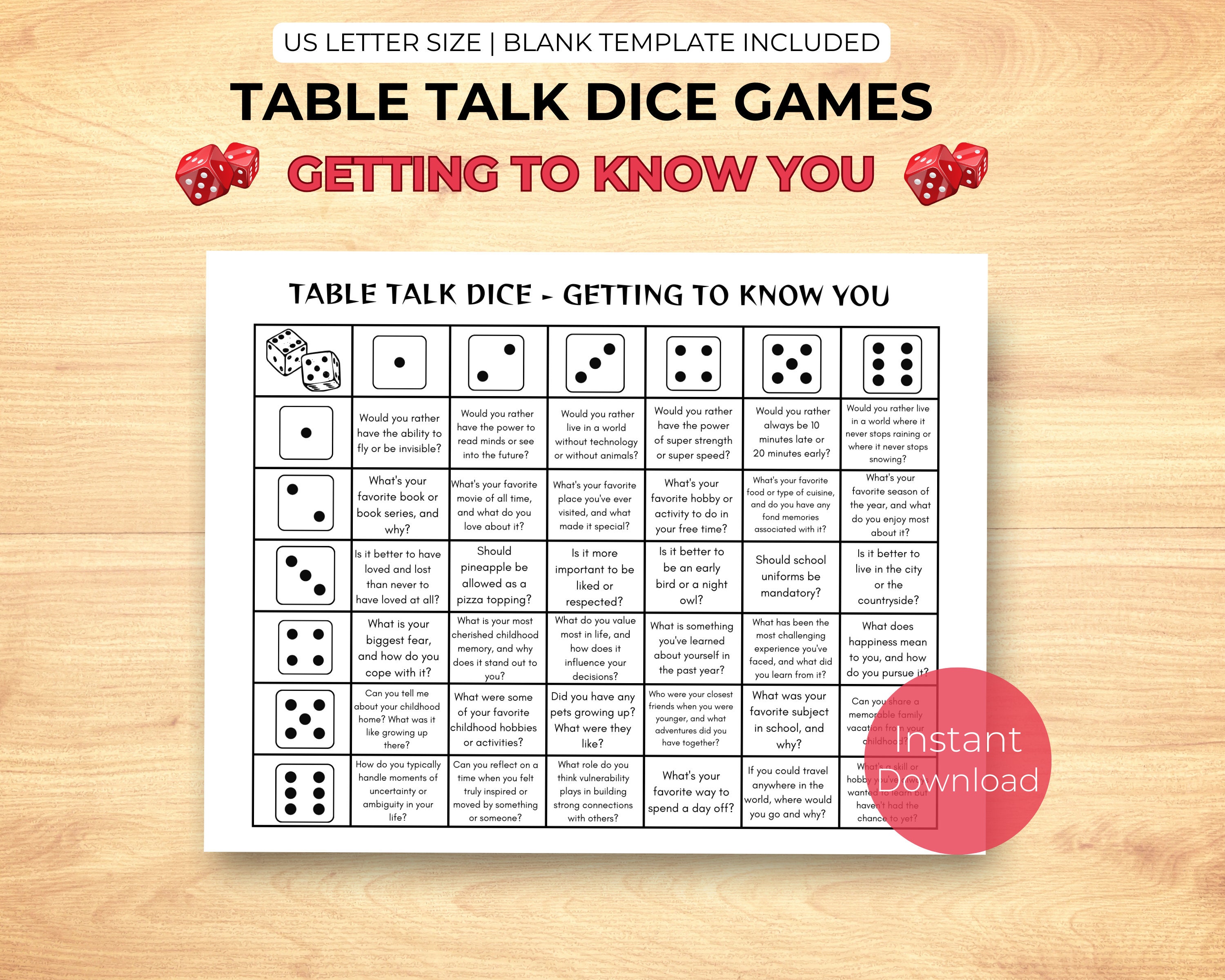 Getting to Know You Game | Dice Breaker Game | Table Talk Questions ...