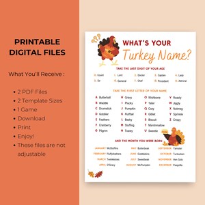 What's Your Turkey Name Game: Thanksgiving Party Icebreaker (PDF) - Etsy