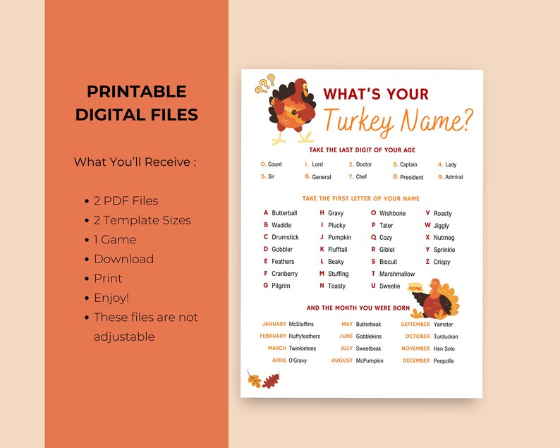 What's Your Turkey Name Game: Thanksgiving Party Icebreaker (PDF) - Etsy