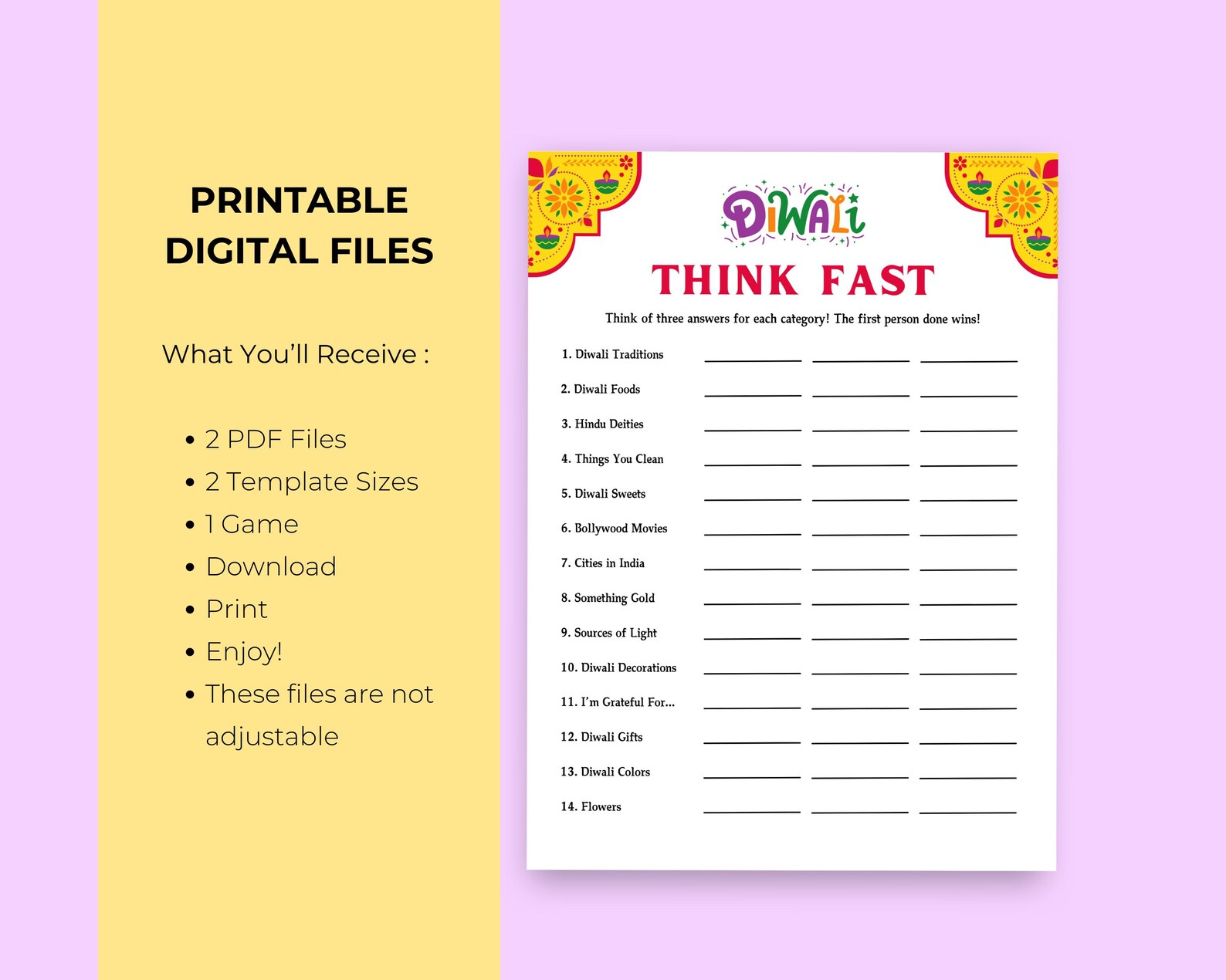 Diwali Think Fast Game: Printable Indian Festival Activity (PDF) - Etsy